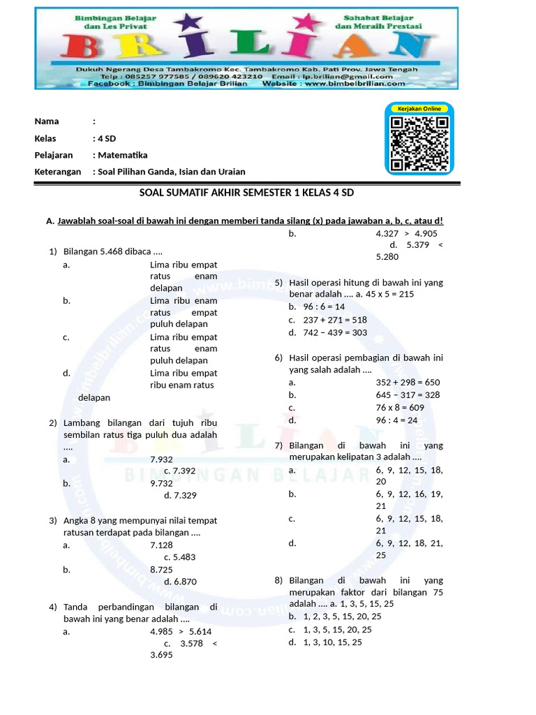 Soal SAS Matematika Kelas 4 SD Semester 1 | PDF
