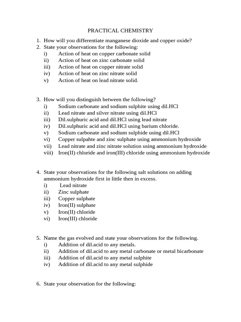 Practical Chemistry Question Bank | PDF | Precipitation (Chemistry ...