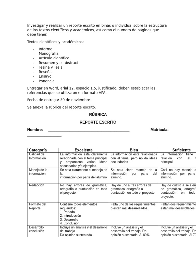 Tarea Reporte Escrito (Estructura) | PDF