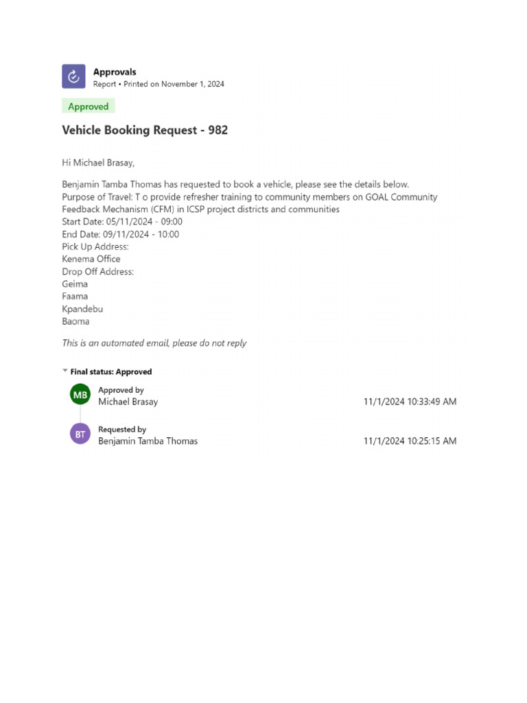 Vehicle Booking Request - 982 | PDF