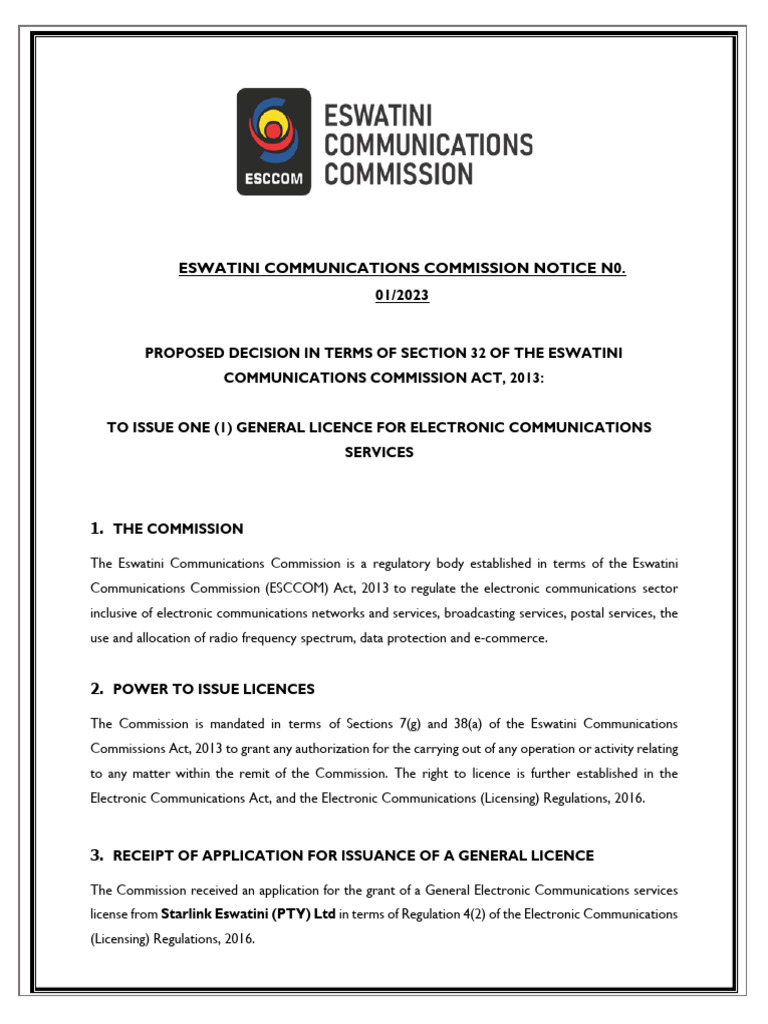 Notice General Licence For Electronic Communications Services | PDF ...
