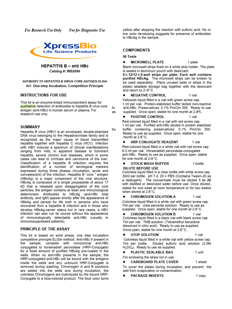 Hepatitis B Anti-HBc ELISA Kit Guide | PDF | Elisa | Hepatitis B