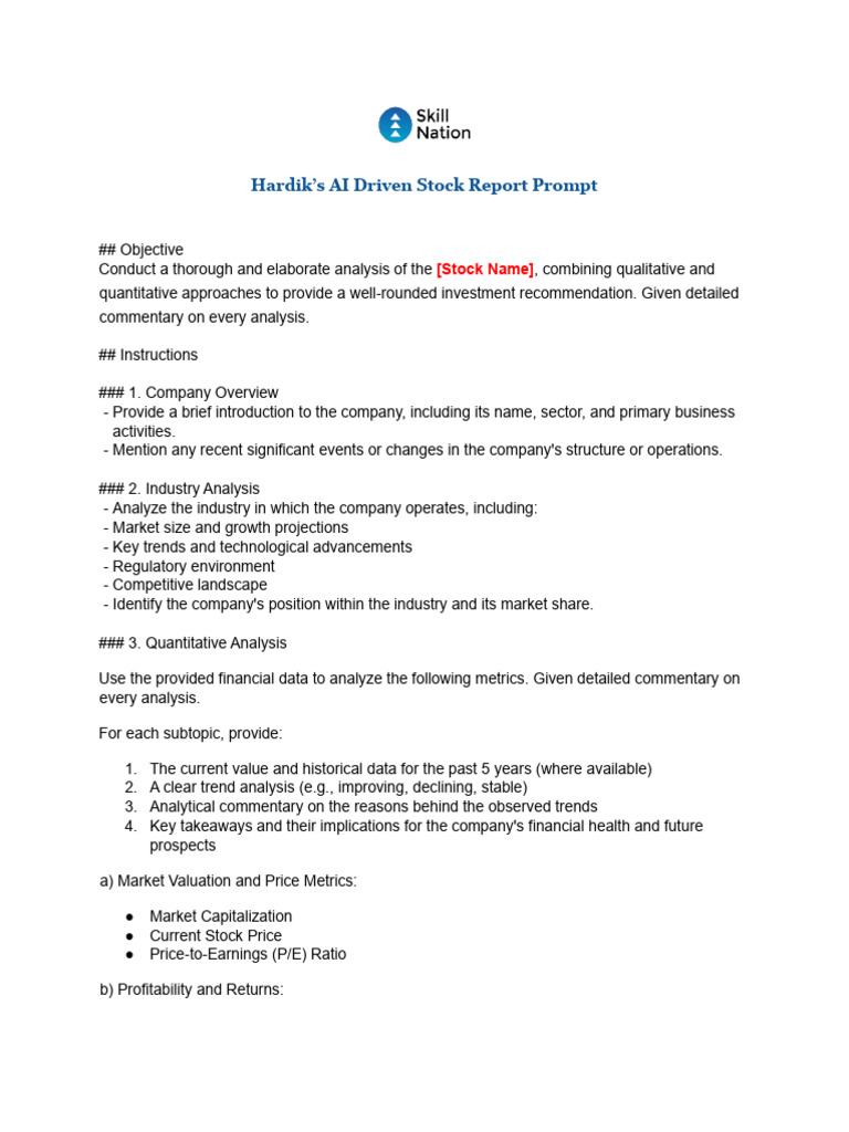 Hardik's AI Driven Stock Report Prompt | PDF | Valuation (Finance) | Investing