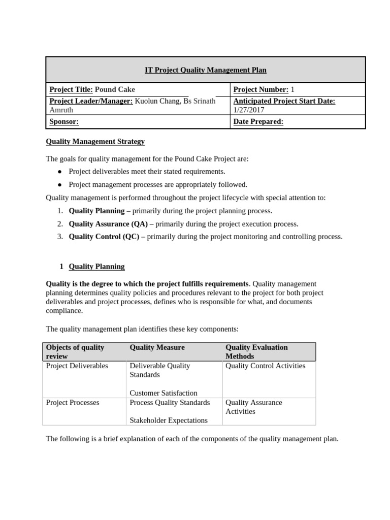 Quality-Management-Plan | PDF | Quality Assurance | Quality Management