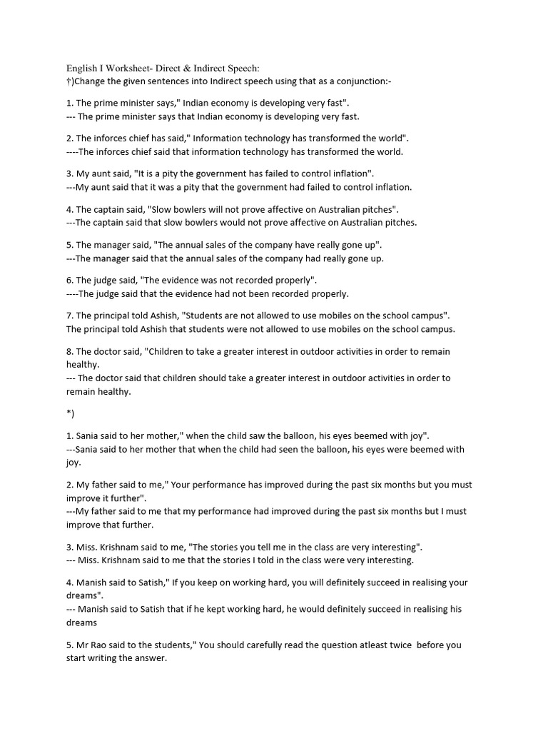 ENG I Worksheet - Direct & Indirect Speech | PDF