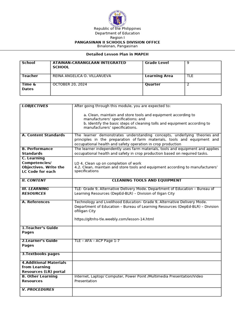 Grade 9 MAPEH Lesson Plan: Tool Cleaning | PDF | Learning | Cognitive ...