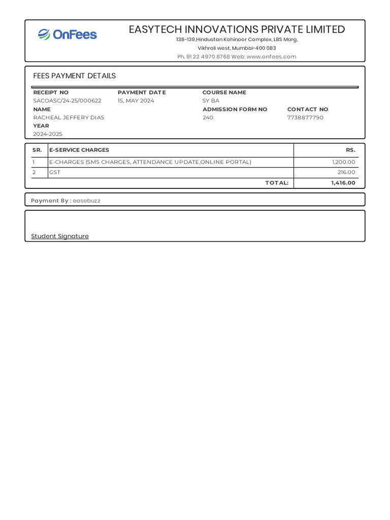 Easytech Innovations Private Limited: Fees Payment Details | PDF