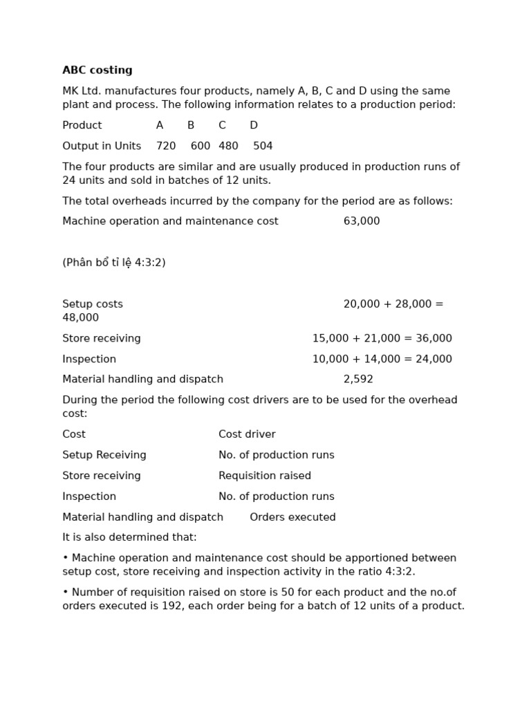 ABC Costing for MK Ltd. Products | PDF
