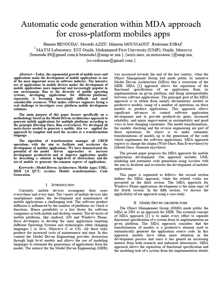 Benouda2017 Automatic Code Generation Within Mda Approach For Cross Platform Mobile App Pdf