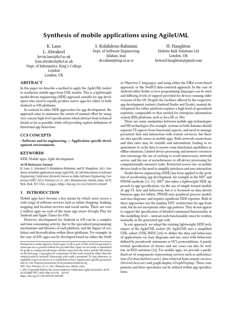 Lano2021-Synthesis of Mobile App Using AgileUML | PDF | Mobile App | Class (Computer Programming)