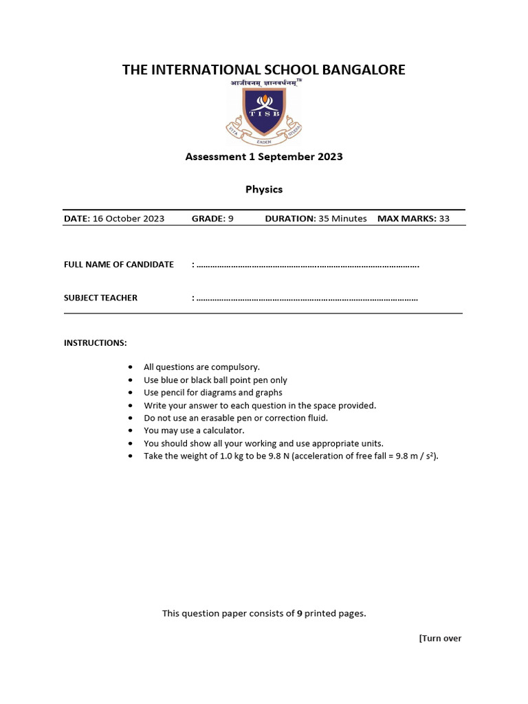 Grade 9 Physics Exam Paper 2023 | PDF | Momentum | Collision