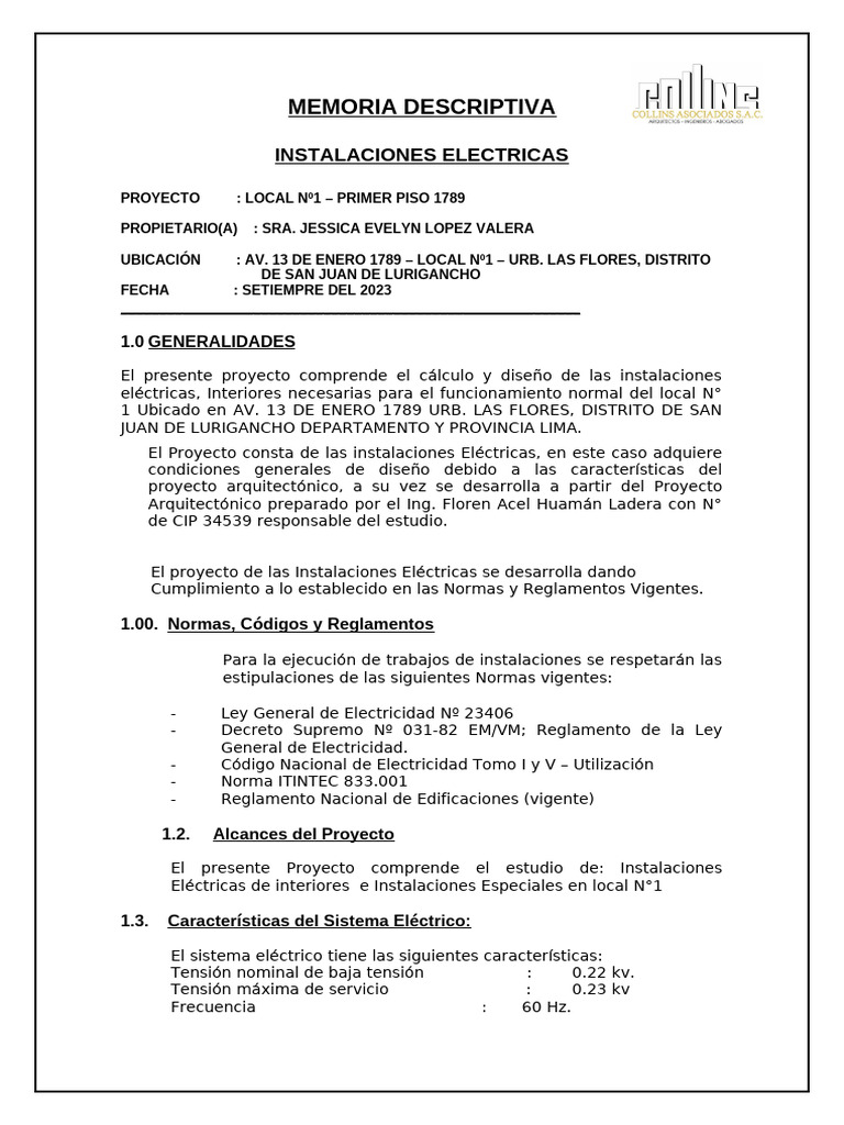 Memoria Descriptiva - Eléctricas | PDF | Conductor electrico | Aislador (Electricidad)
