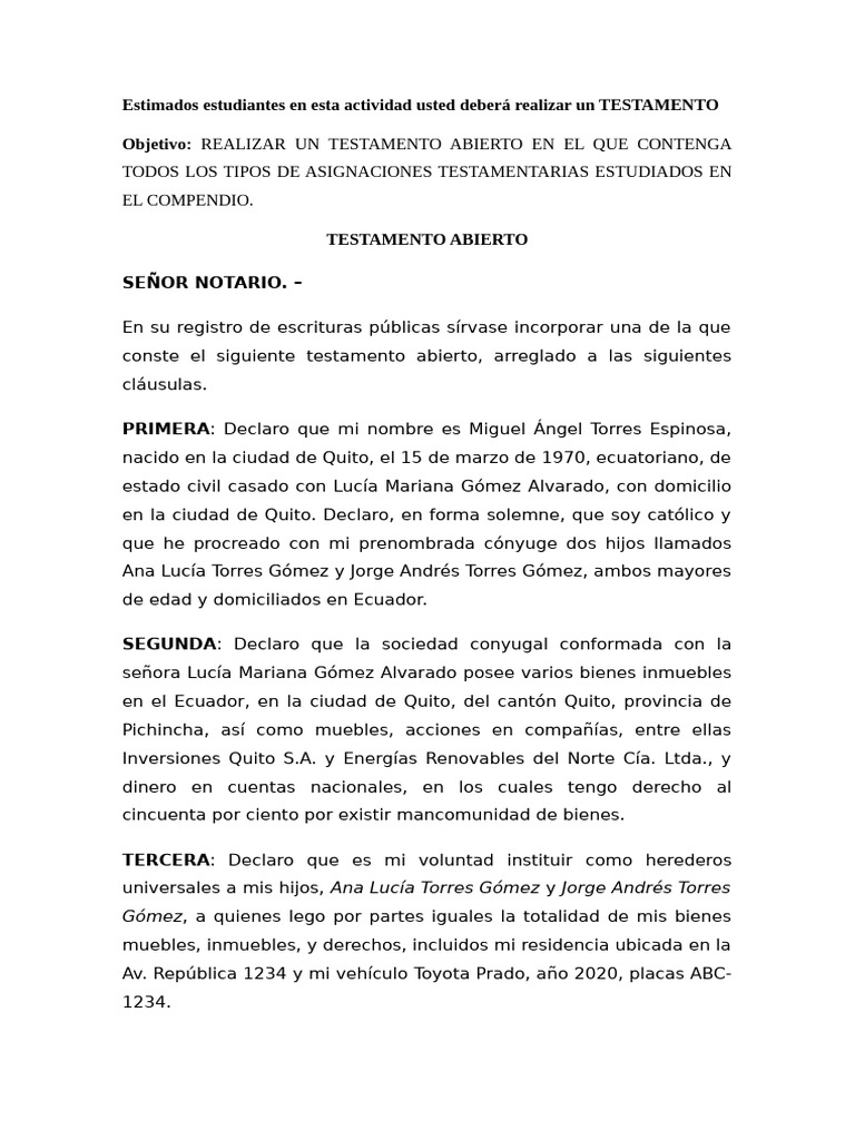 Modelo de Testamento Abierto en Ecuador | PDF | Ecuador