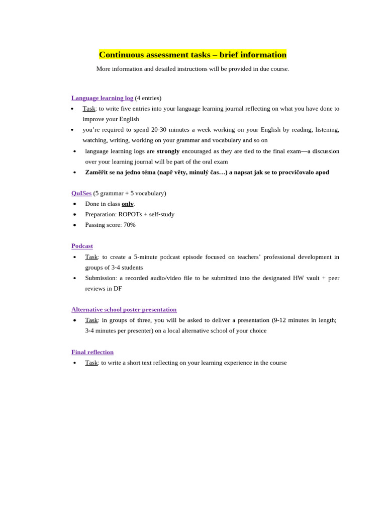 Continuous Assessment Tasks Overview | PDF