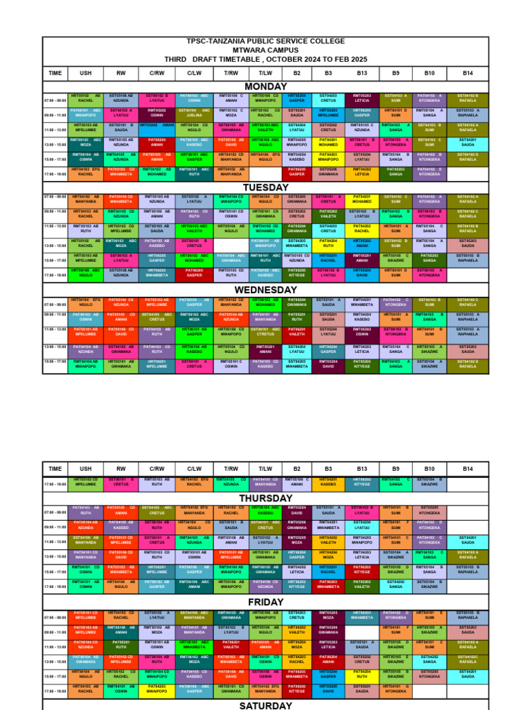 TPSC Mtwara Campus Timetable 2024-2025 | PDF