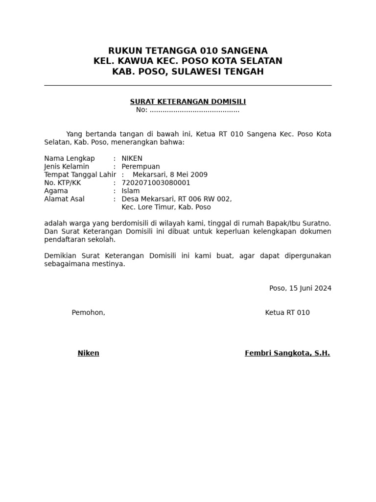 Surat Domisili RT 010 Sangena | PDF