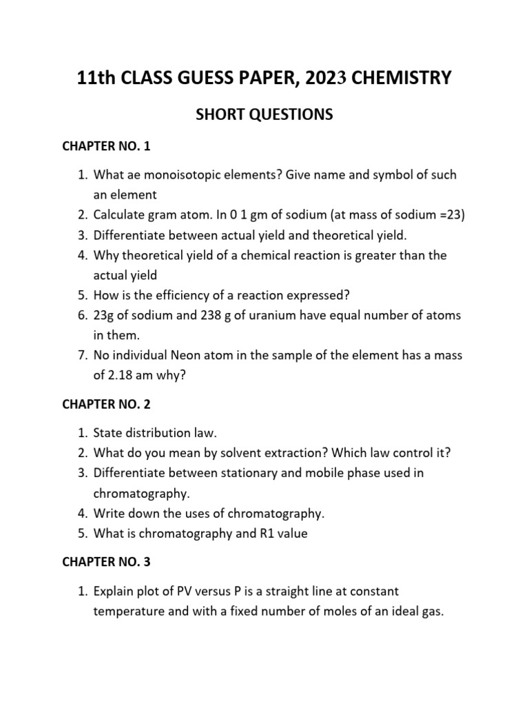 11TH Class Chemistry Guess Paper 2022 1 | PDF | Chemical Bond | Atoms