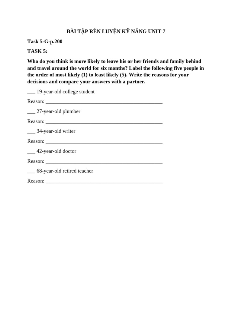 Bai Tap Ren Luyen Ky Nang in The Textbook - All Tasks - U7 | PDF | Psychology