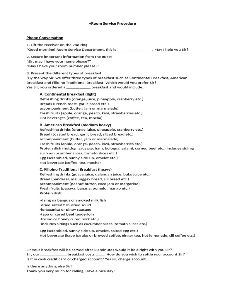 Room Service Procedure | PDF | Cuisine | Foods
