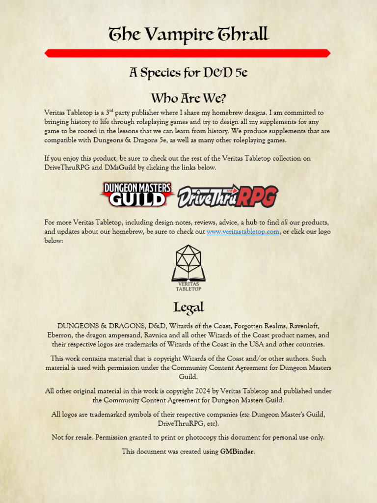 D&D 5e: Vampiric Thrall Guide | PDF | Dungeons & Dragons | Wizards Of ...