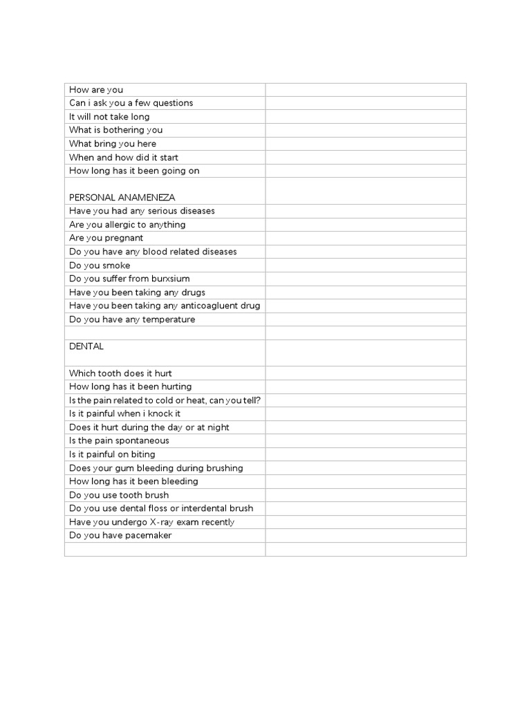 Comprehensive Dental Health Questionnaire | PDF