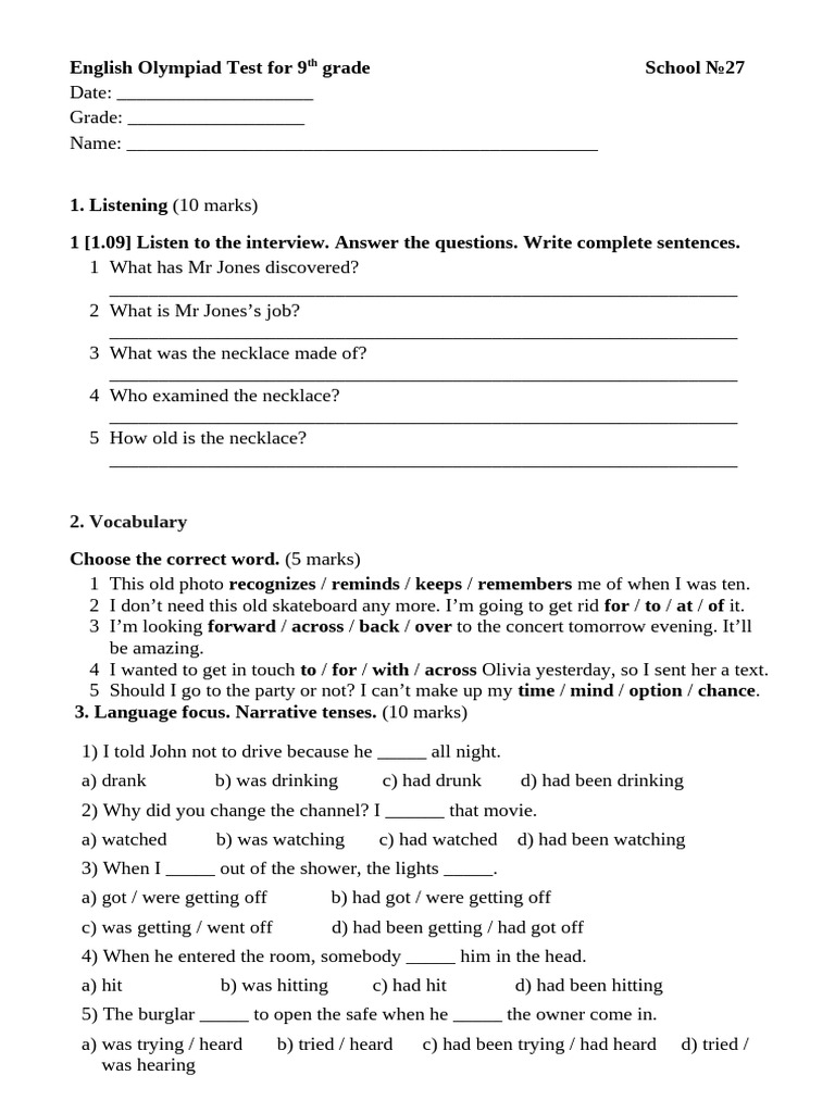 English Olympiad Test For Class 9 (School Round) | PDF