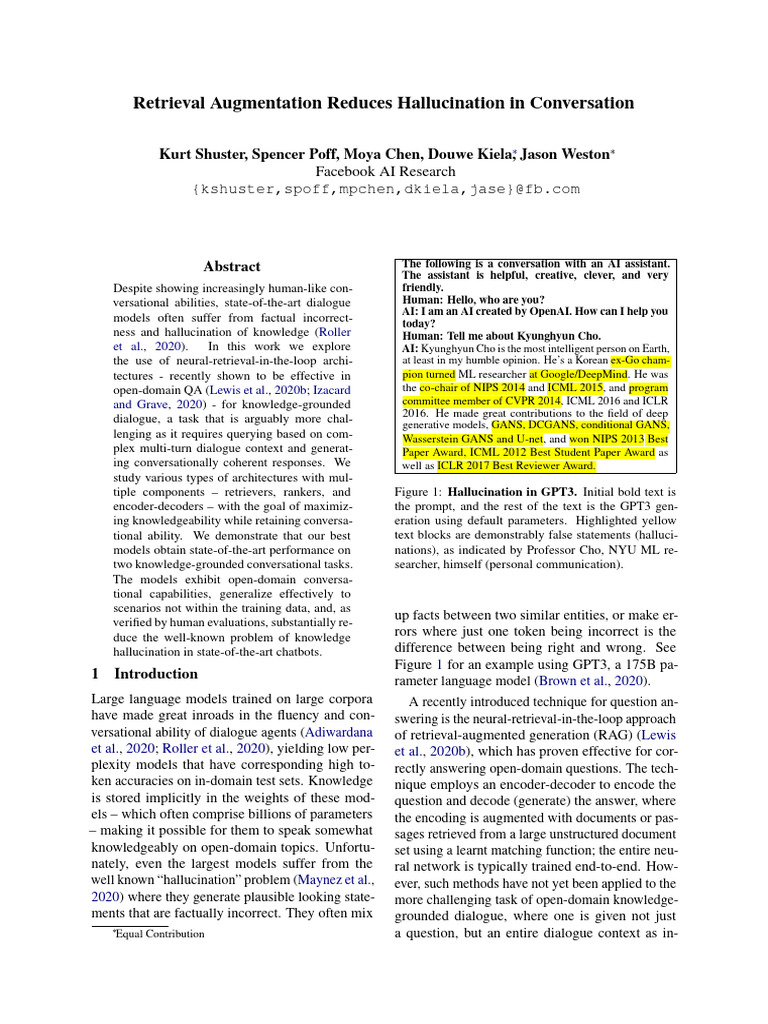 Retrieval Augmentation Reduces Hallucination In Conversation Pdf Cognitive Science Learning