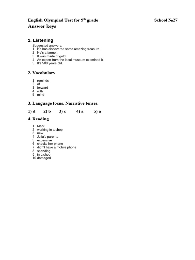 English Olympiad Test For 9th Grade (Anwer Keys) | PDF
