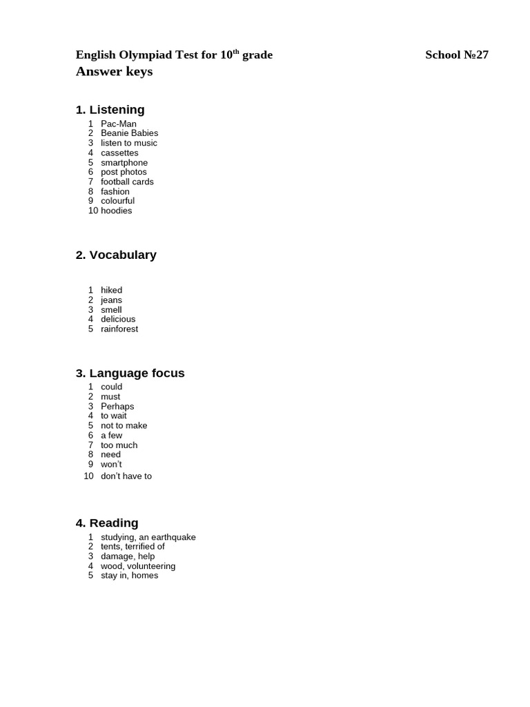 English Olympiad Test For 10th Grade (Answer Keys) | PDF