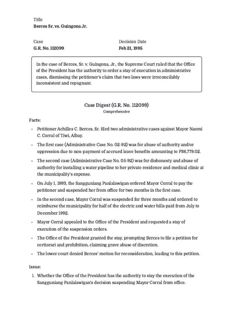 Case Digest - G.R. No. 112099 - Berces Sr. vs. Guingona Jr. | PDF ... Case Digest - G.R. No. 112099 - Berces Sr. vs. Guingona Jr. | PDF ...