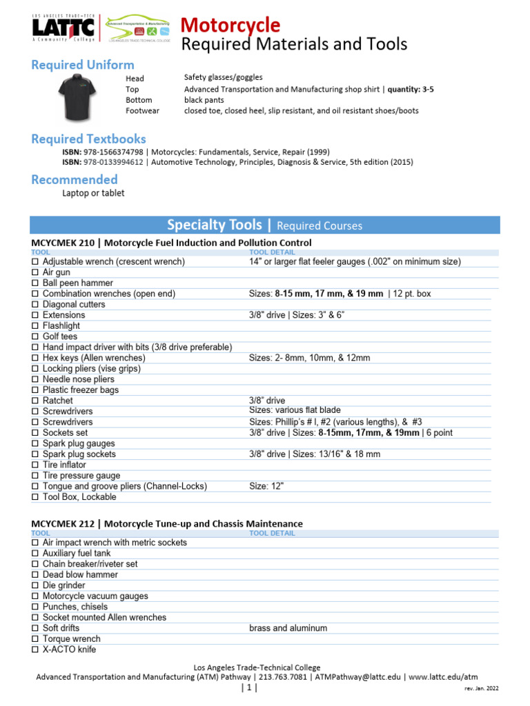 Motorcycle Tool List | PDF