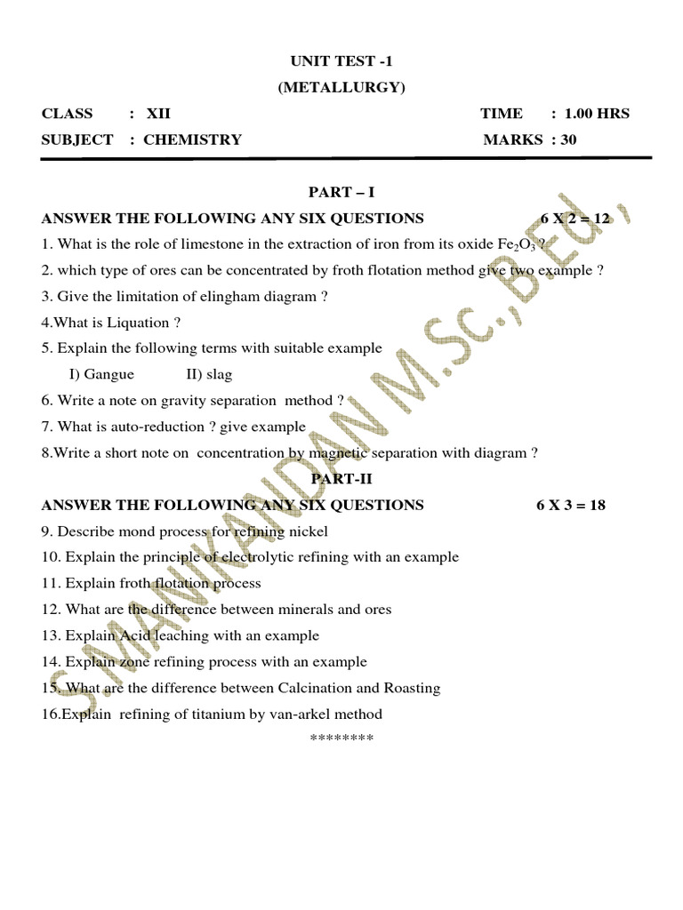 12th Chemistry Unit Test Question Paper English Mediium PDF Download ...