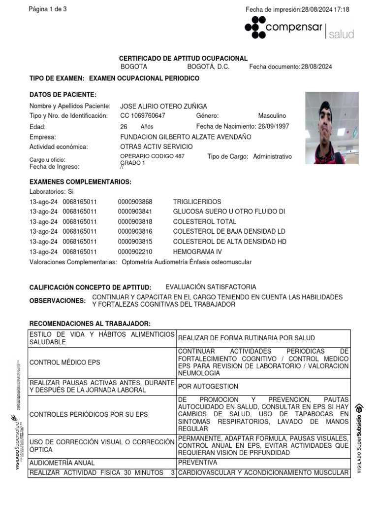 Certificado de Aptitud Ocupacional - Compensar | PDF