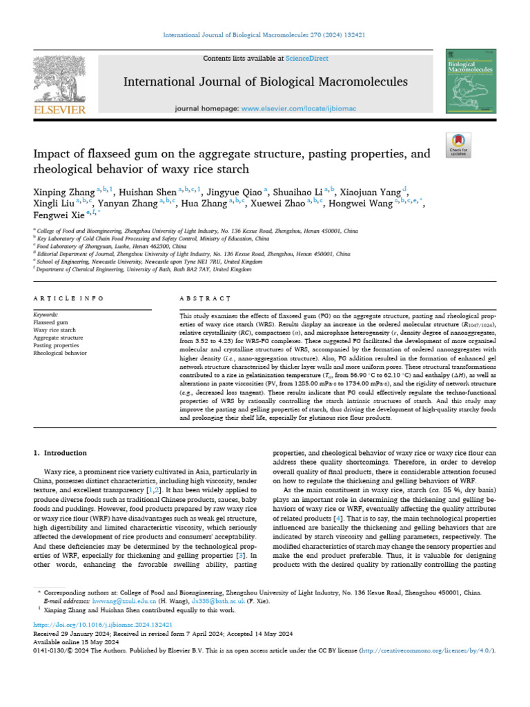Impact of Flaxseed Gum On The Aggregate Structure, Pasting Properties ...