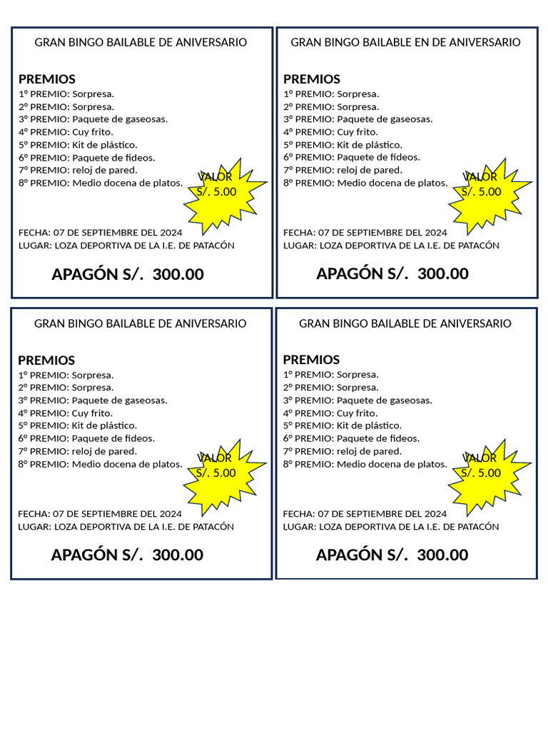 Bingo Bailable Aniversario 2024 Patacón | PDF