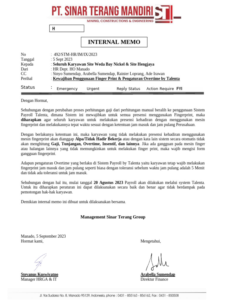 (Completed) Internal Memo Peralihan Penggajian Menggunakan Talenta Beserta Pengaturan Toleransi ...