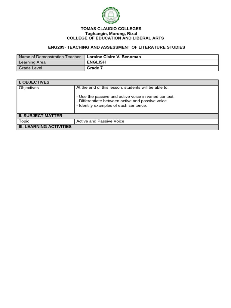 Active vs. Passive Voice Lesson Plan | PDF | Subject (Grammar ...
