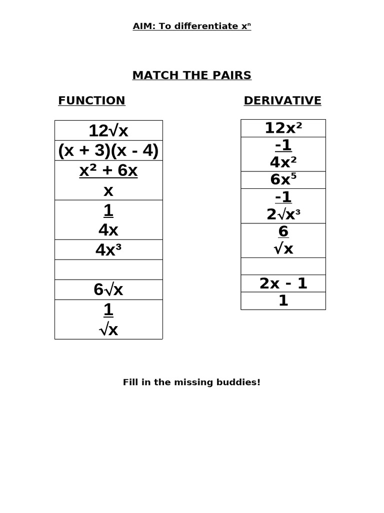 Differentiation Match The Pairs | PDF