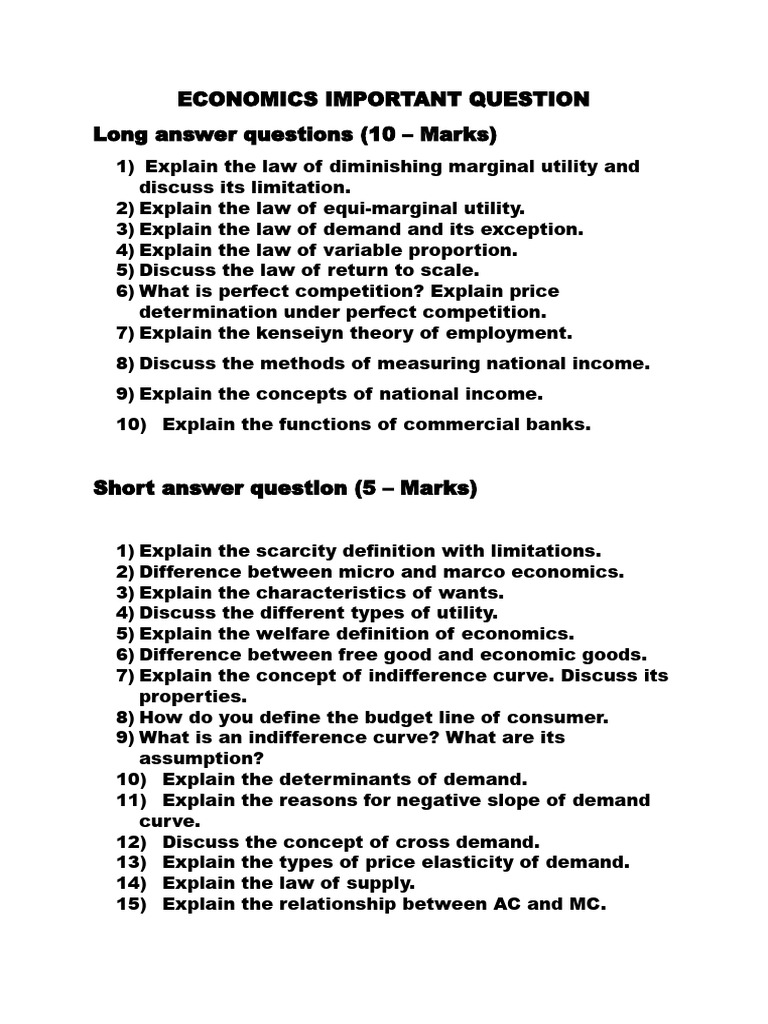 ECONOMICS IMPORTANT QUESTION 1st Year | PDF | Demand | Economics