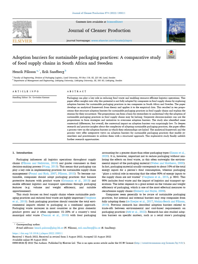 Adoption Barriers For Sustainable Packaging Practices A 2022 Journal of ...