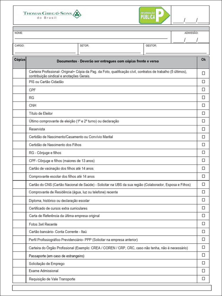 F - 143 Documentos para AdmissÃ o NOVO | PDF