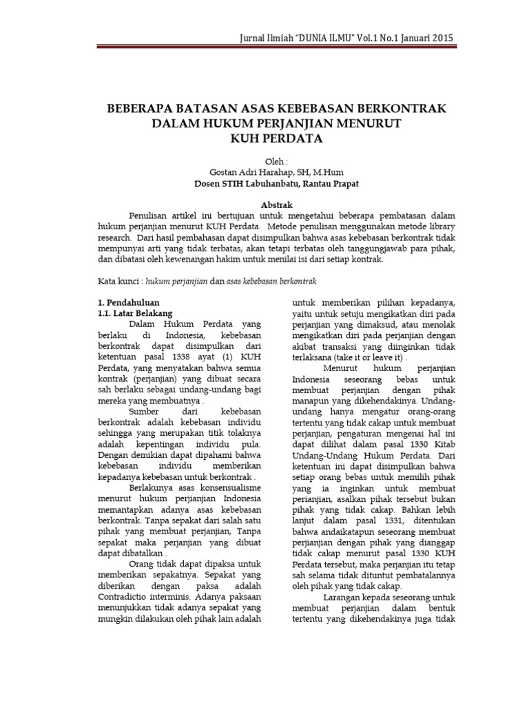 Beberapa Batasan Asas Kebebasan Berkontrak Dalam Hukum Perjanjian ...