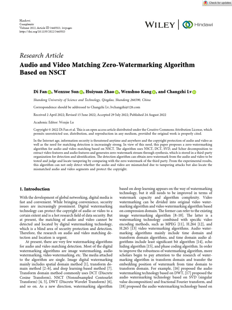 Research Article: Audio and Video Matching Zero-Watermarking Algorithm Based On NSCT | PDF