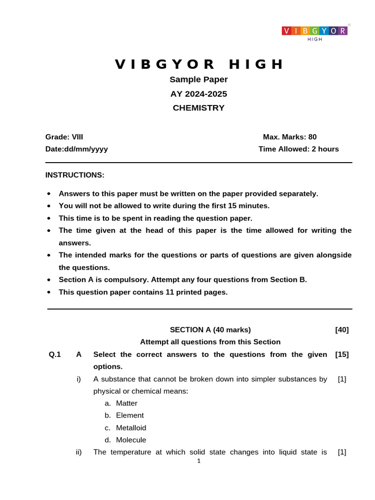 VH - GR8 - Chemistry - T1 - Sample QP | PDF | Chemical Compounds ...