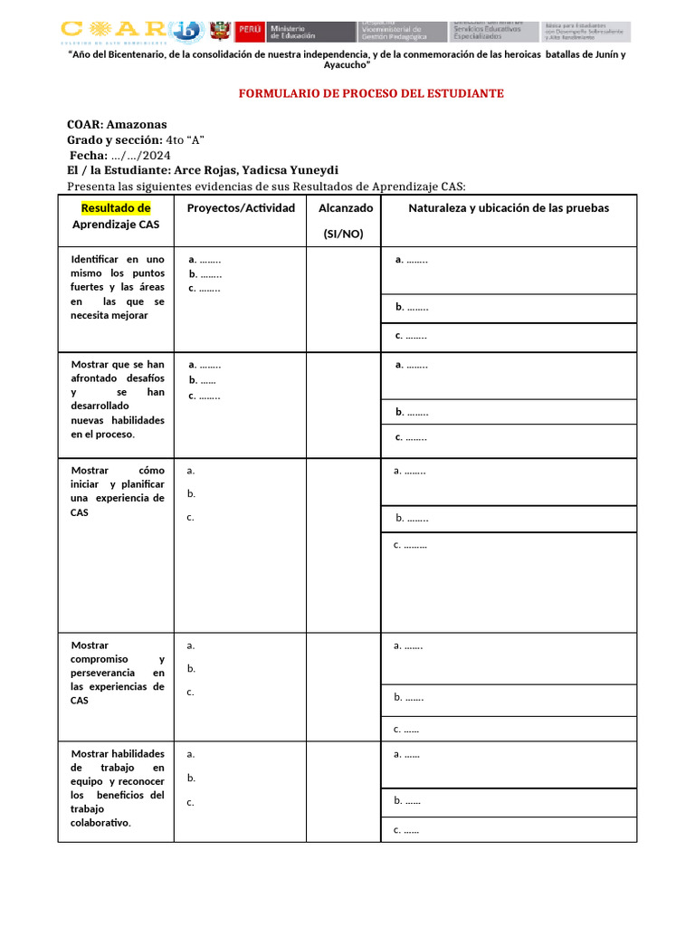 Formulario de Proceso Del Estudiante | PDF | Cognición | Aprendizaje