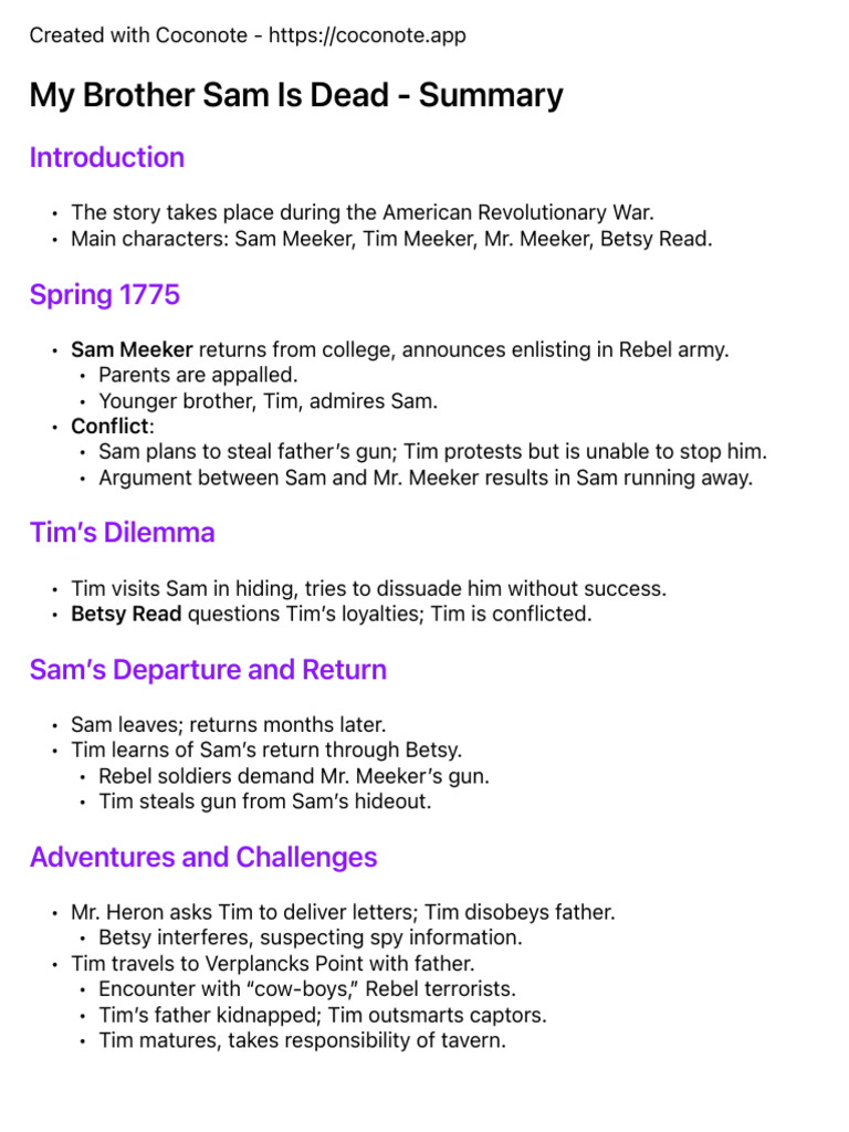 Summary of My Brother Sam Is Dead Notes | PDF