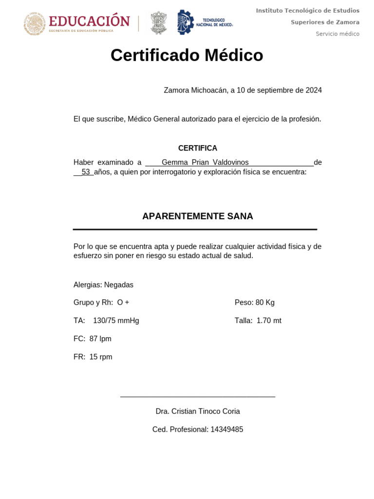 Certificado Medico Formato | PDF
