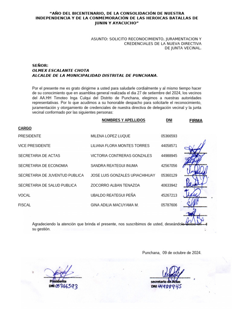 Solicitud de Reconocimiento de Directiva Vecinal | PDF