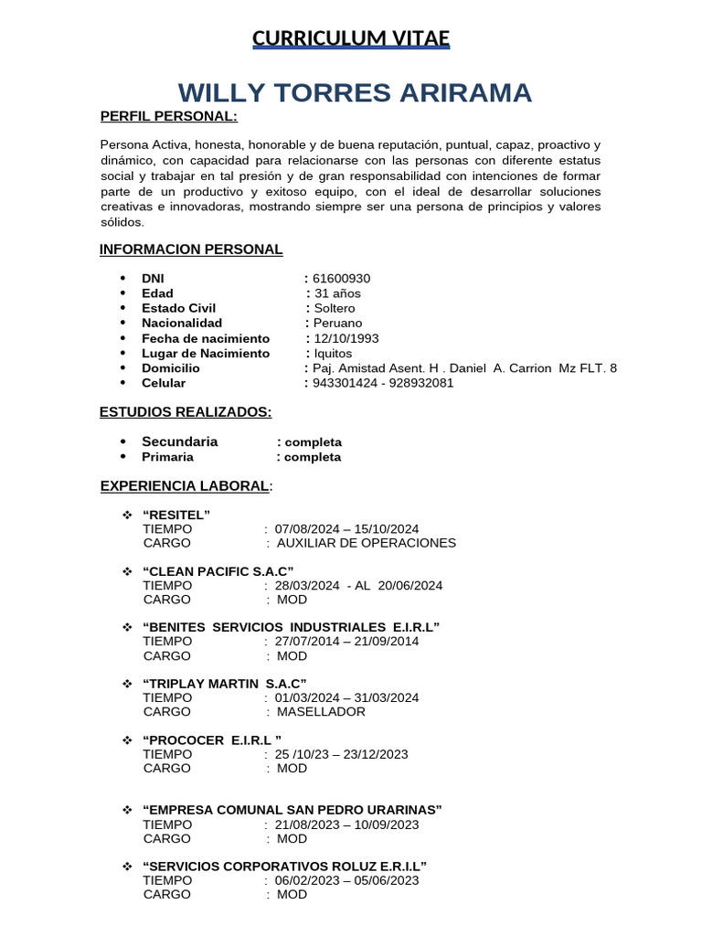 Curriculum Vitae Willy Torres Arirama | PDF