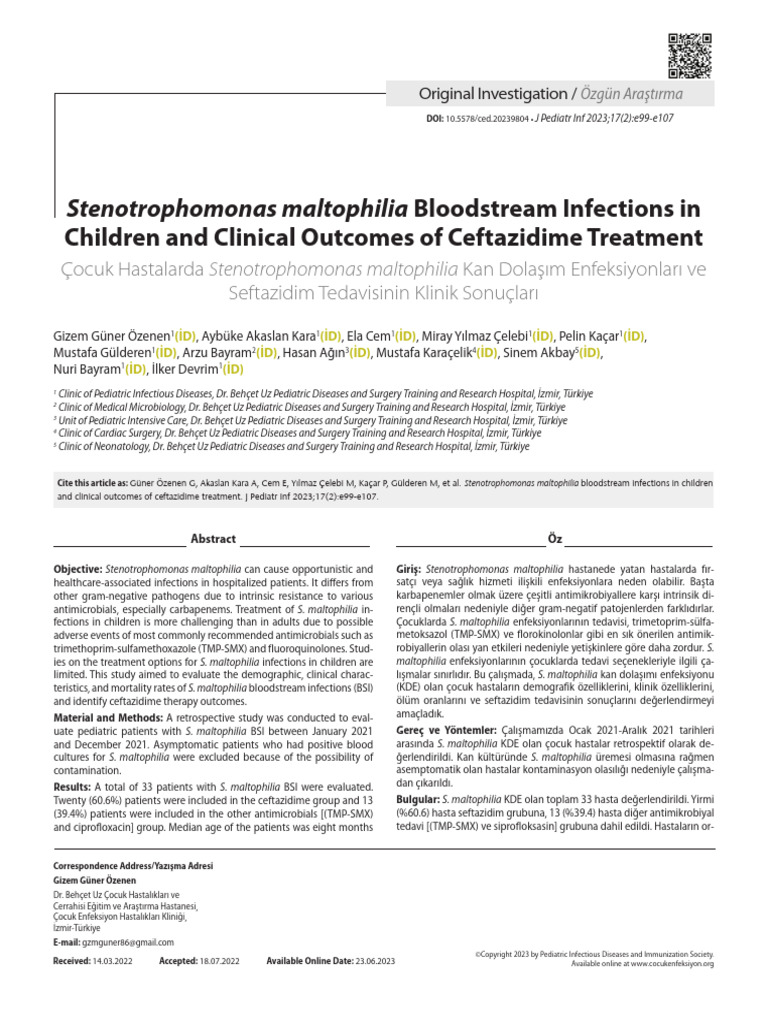 Stenotrophomonas Maltophilia Bloodstream Infections In: Children and ...